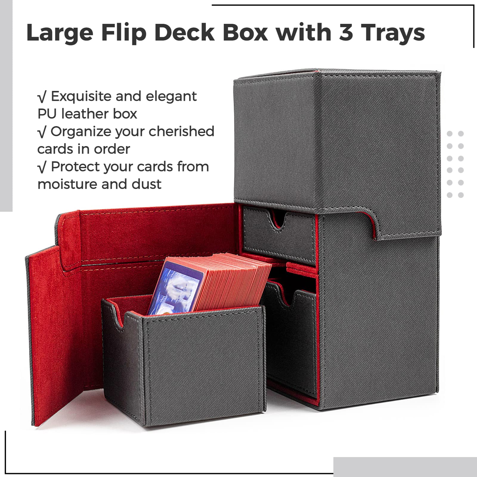 Card Deck Box, Large Flip Deck Case with 3 Trays for 220+ Sleeved Cards, PU Leather Double Deck Box for YuGiOh, TCG, MTG, Uno, Ultraman, Baseball Cards 7.95" x 4.53" x 3.54"