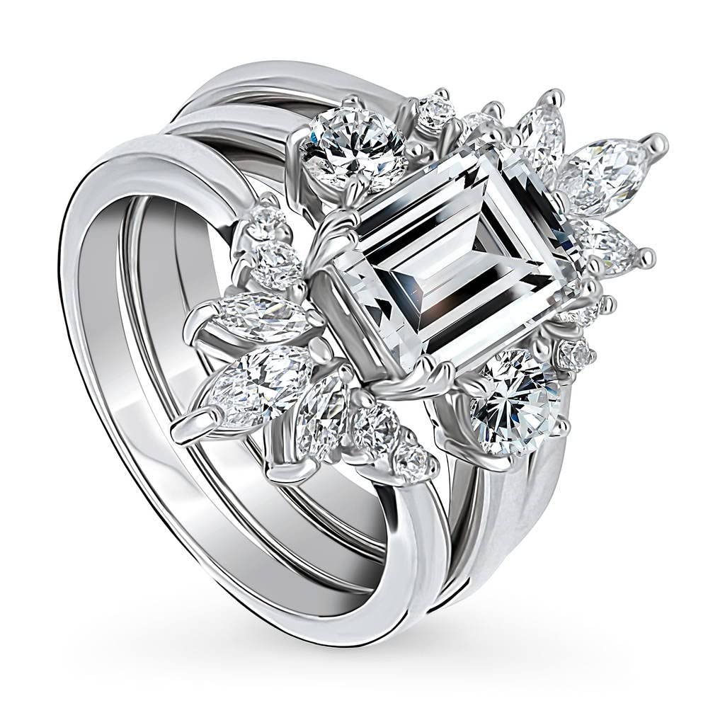 BERRICLE Sterling Silver 3-Stone Wedding Engagement Rings Emerald Cut Cubic Zirconia CZ 7-Stone Ring Set for Women, Rhodium Plated Size 7