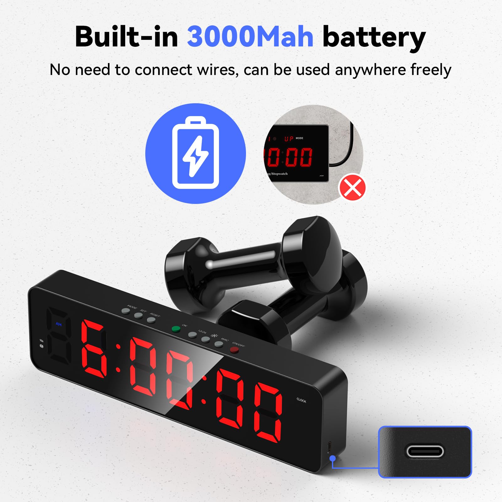 Seesii Gym Timer,LED Workout Colck Count Down/Up Clock,11.5" x 4" Ultra-Clear Digital Display, Power Bank Compatible with Workout Metal Stopwatch, Multi-Scenes with Remote