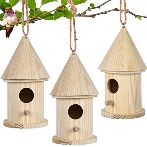 Bird Houses for Outside Hanging, 3pcs Natural Wooden Hummingbird Bird Houses for Outside for Nesting, Garden Patio Decorative for Swallow Sparrow Hummingbird Finch Throstl