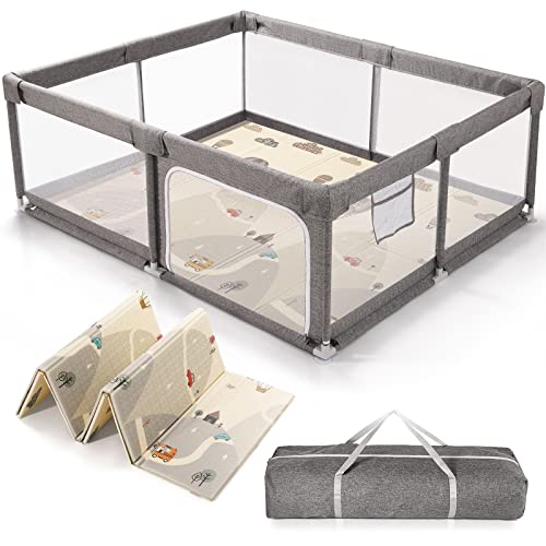 UANLAUO Baby Playpen, Baby Playard, Baby Play Yard, Large Play Pens for Babies and Toddlers, BPA-Free, Non-Toxic, Safe No Gaps (Gray, 59x71inch(with mat)