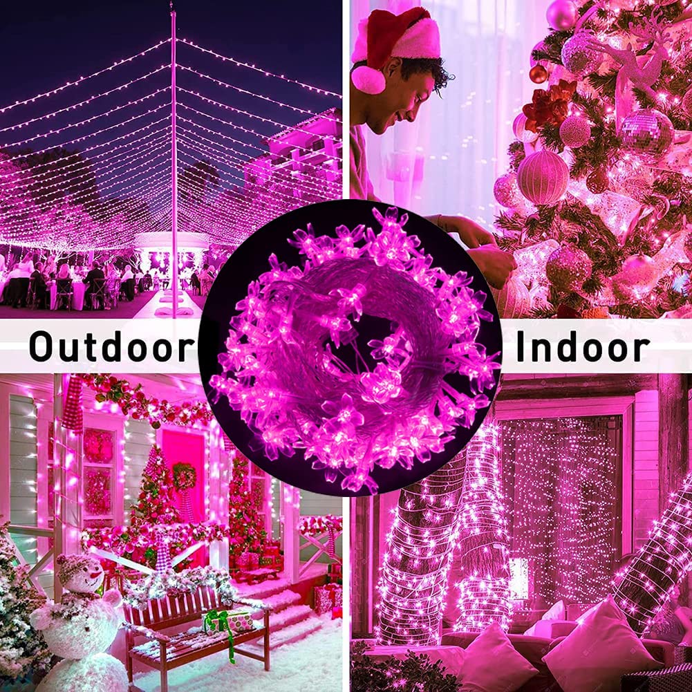 FULLBELL Valentines Day Decorations Pink Lights Cherry Blossom Lights Flower String Lights 33 Feet 100LED 8 Modes Wedding Party Indoor Flower Lights Bedroom Birthday Pink Room Decor (Pink)