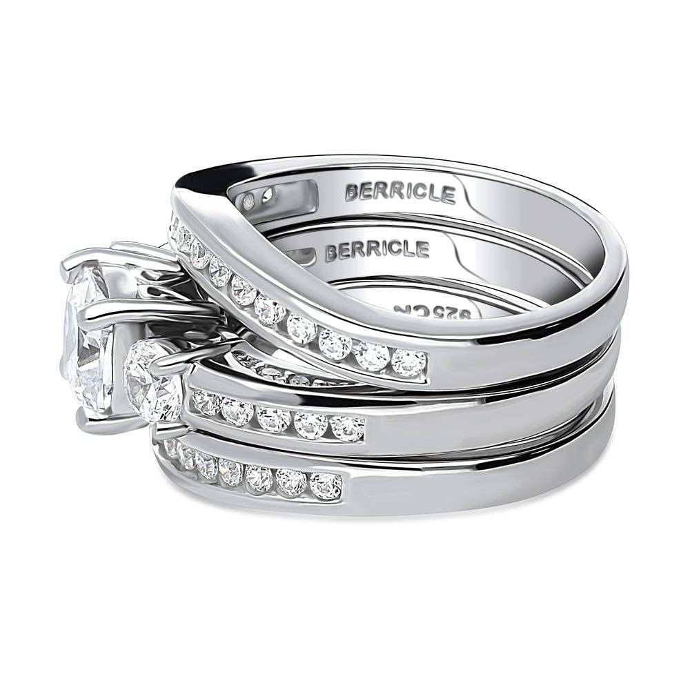 BERRICLE Sterling Silver 3-Stone Wedding Engagement Rings Cushion Cut Cubic Zirconia CZ Ring Set for Women, Rhodium Plated Size 6.5