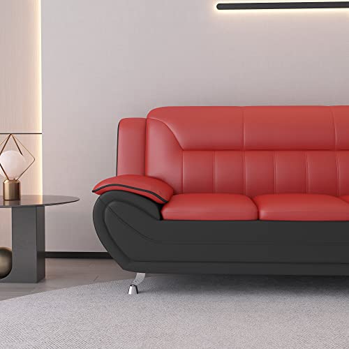 Container Furniture Direct Modern Style Faux Leather Sofa with Extra Comfortable Pillow Top Armrests Ideal for Living Room, Bedroom or Home Office Couch, 79.2ββ Wide, red/Black