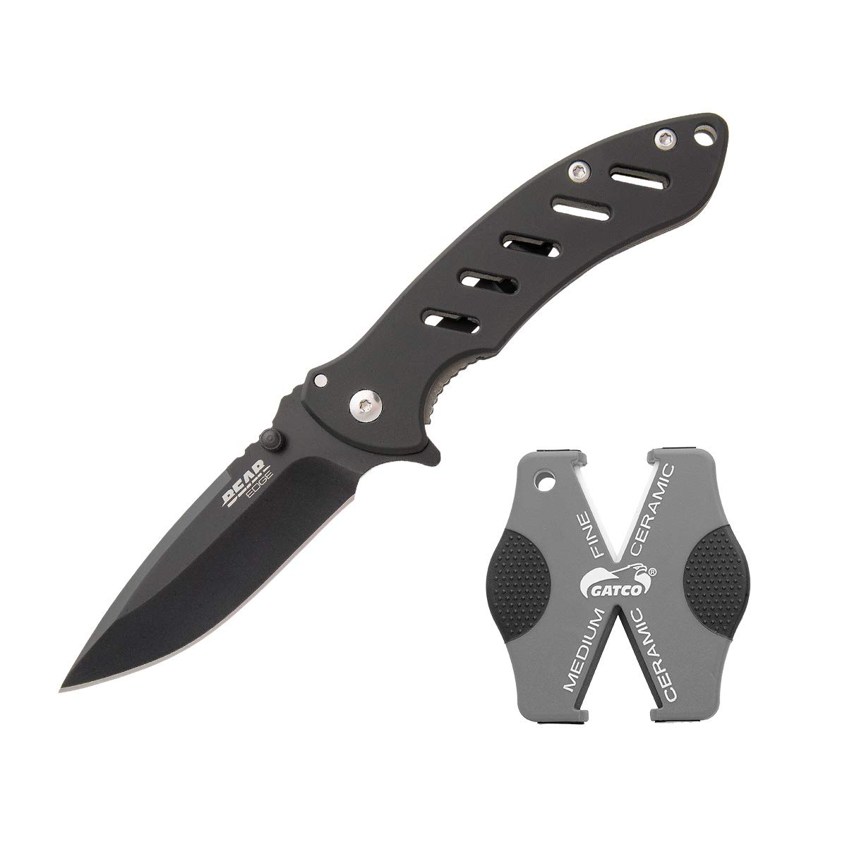 Bear Edge Combo Set with Stainless Steel Lockback Knife & Knife Sharpener, Black