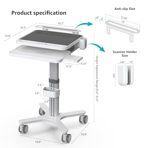 BEWISER Medical Cart Mobile Trolley Cart Height Adjustable Easy Installation Pallet Cart with Oral Scanner Holder Laptop Workstation(MTO-3)