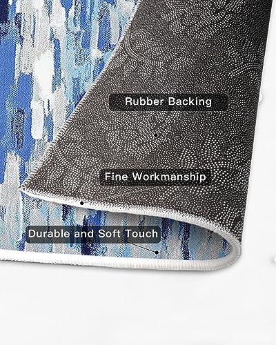 Contemporary Blue Large Rectangular Area Rugs 5' x 7' Living Room, Abstract Rustic Painting Art Durable Non Slip Rug Carpet Floor Mat for Bedroom Bedside Outdoor