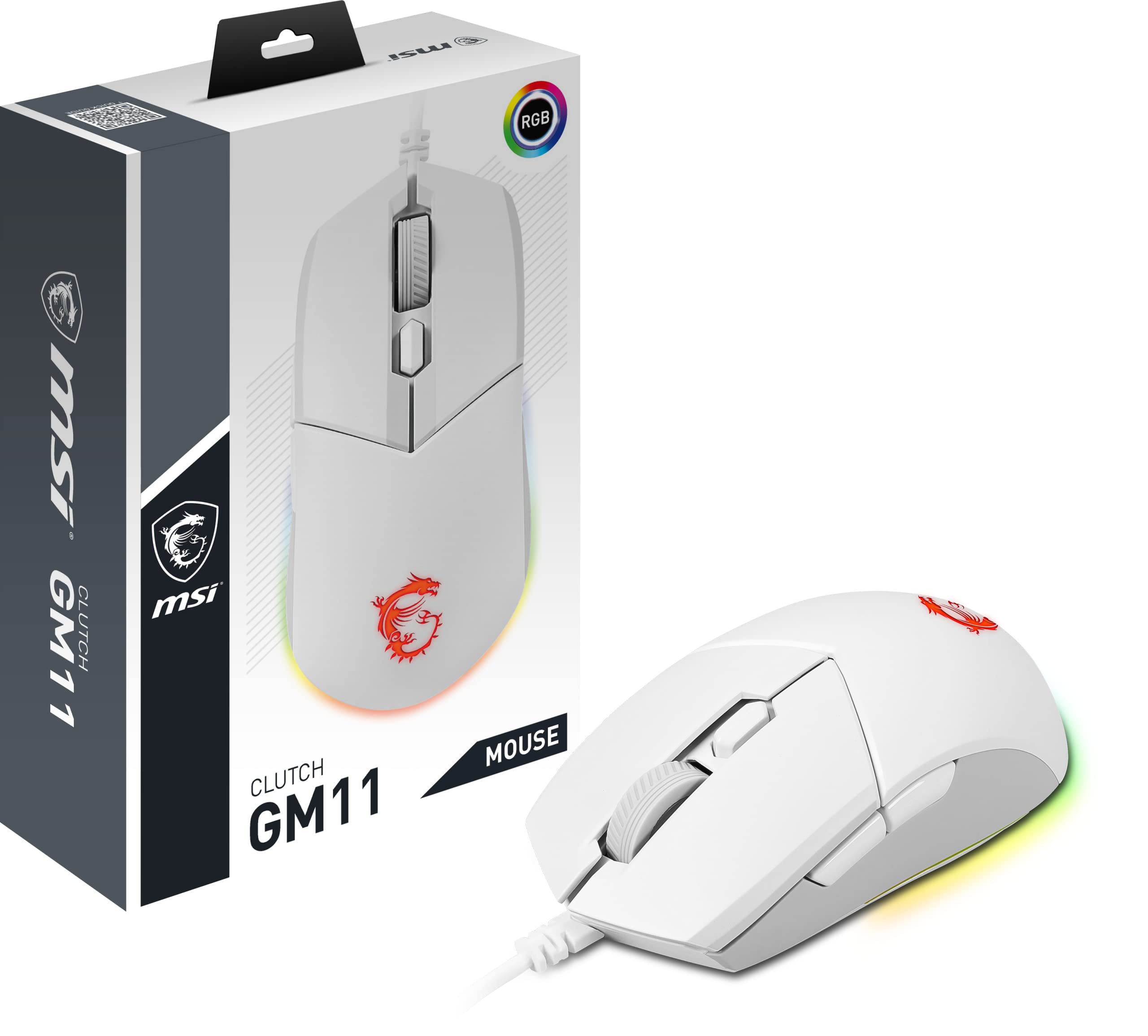 MSI Clutch GM11 White Gaming Mouse, 5000 DPI, 10M Omron Switches, Optical Sensor, Symmetrical Ergonomic Design, RGB Mystic Light Compatible,Black