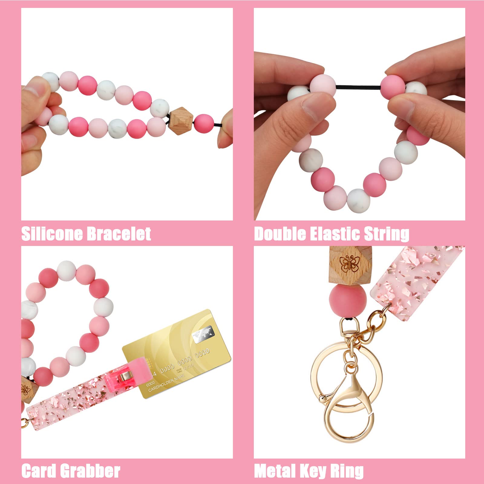 Card Grabber for Long Nails, Wristlet Keychain Bracelet for Women with Silicone Beads Car Key Ring Chain