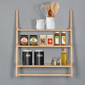 Homaterial 3-Tier Bathroom Towel Rack Shef Wall Mounted Wood Mount Shelf with Towel Bar Leaning Blanket Ladders Bathroom Storage Display Rack Shelf Holder, Natural