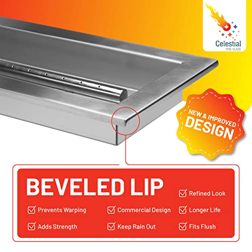 Celestial 36" x 6" Commercial Grade Linear Drop-in Fire Pit Pan w/Burner, 16 Gauge Stainless Steel, 65,000 BTU, Beveled Lip for Extra Strength, Natural Gas or Propane, for DIY Outdoor Gas Fire Pits