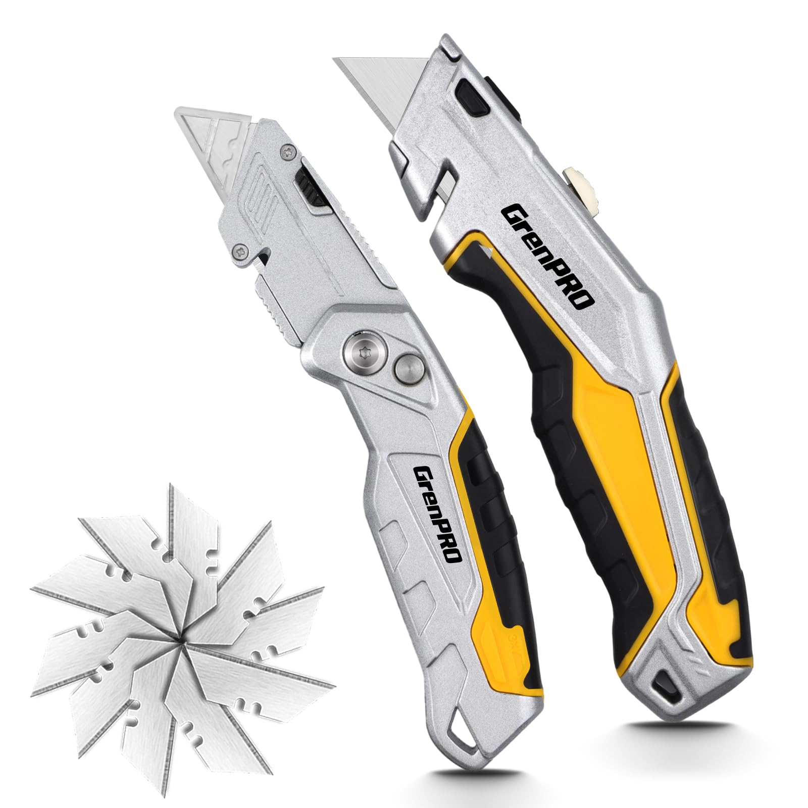 GRENPRO 2-Pack Utility Knife, SK5 Heavy Duty Retractable Folding Utility Knife, Storage Blade Design, Quick-change,Comes with 16 Extra CK75 Blades,Cut Cartons, Cardboard and Boxes,(Total 18 Blades)