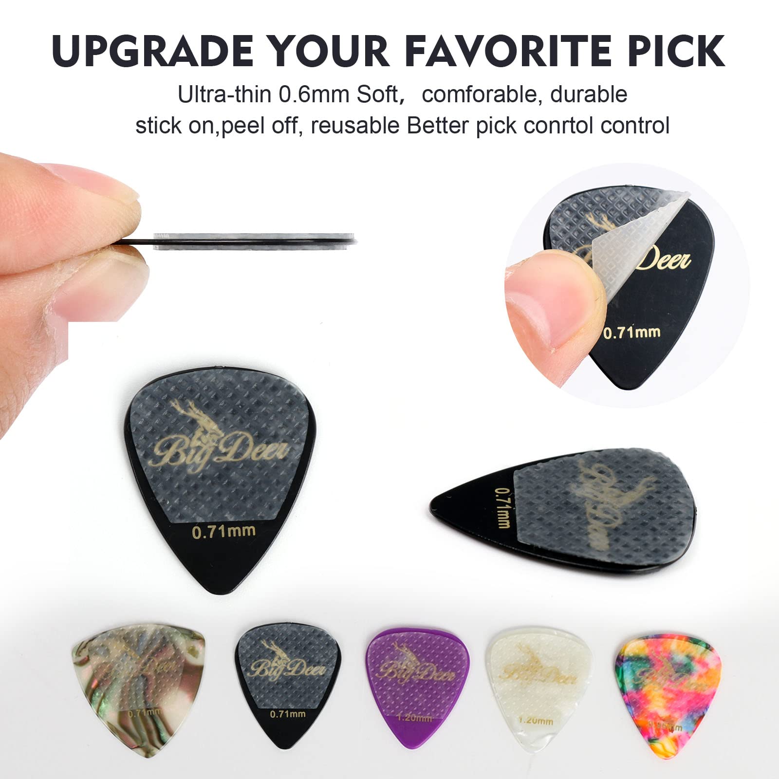 BigDeer Ultra-thin 0.6mm/0.024in Guitar Pick Grips 40pc Large Grip, Durable Reusable Soft Thin Stick On Grip for Picks non Slip Hold Control & Comfort(Comes with two guitar picks with grips)