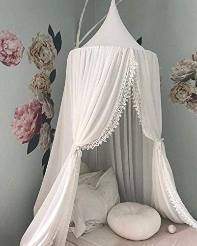 Kids Bed Canopy with Pom Pom Hanging Net for Baby Crib Nook Castle Game Tent Nursery Play Room Decor,White