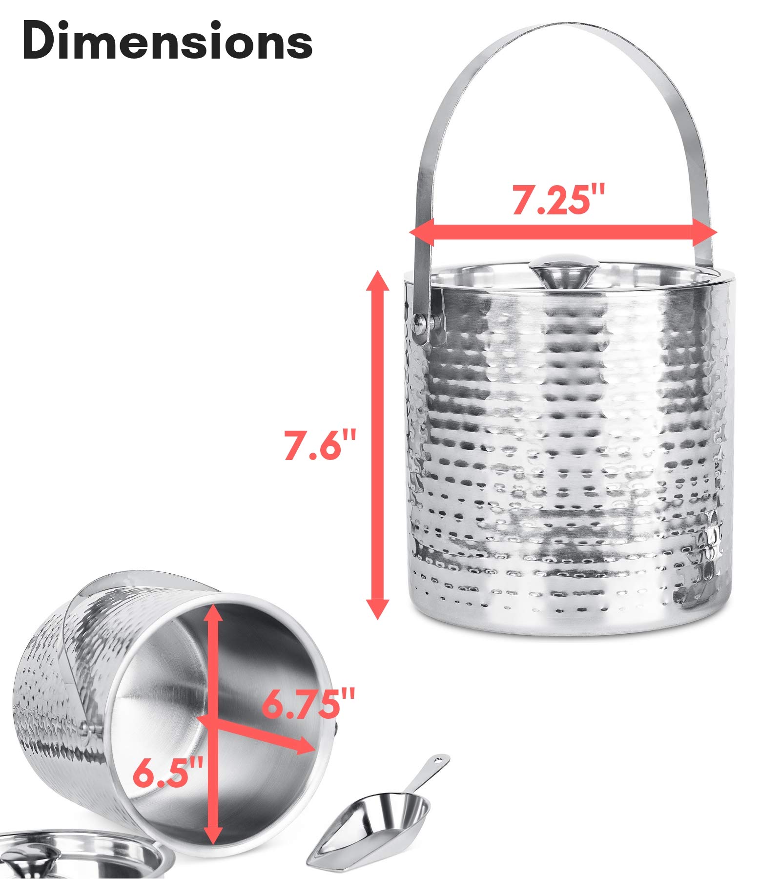 BirdRock Home Ice Bucket with Scoop & Lid - 2.8 Liter Hammered 18/8 Stainless Steel Container for Bar - Double Wall Insulated Bucket with Carrying Handle - Great for Parties - (Silver)