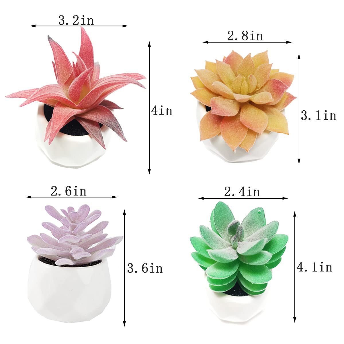 Set of 4 Mini Artificial Succulent Plants with White Geometric Ceramic Planters Faux Succulent for Bedroom Bathroom Bookshelf Office,Wedding Home Garden Decor(red/Green/Orange Yellow/Purple)