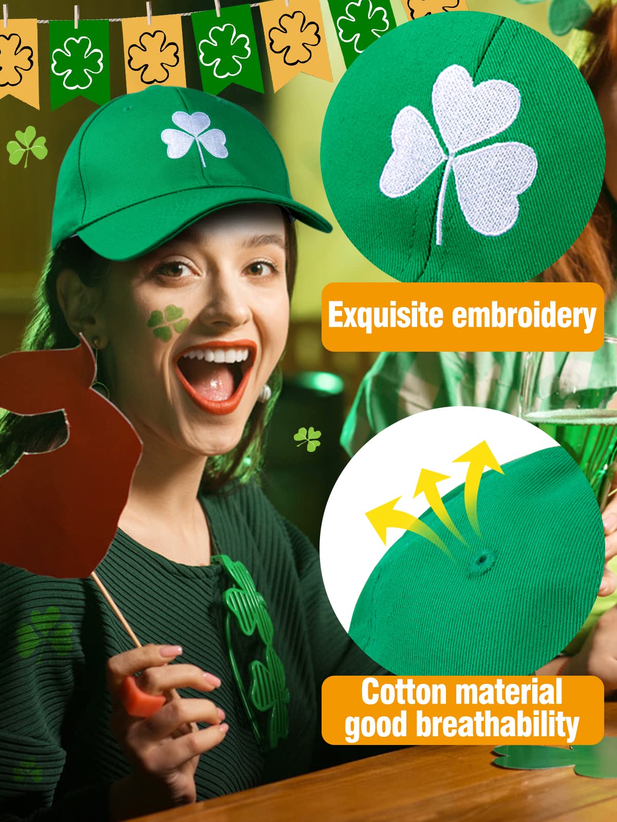 Biggun St. Patrick's Day Hat - Adjustable Cotton Lucky Baseball Cap with Embroidery White Shamrock, Green Caps Accessories for Men Women Adults Children