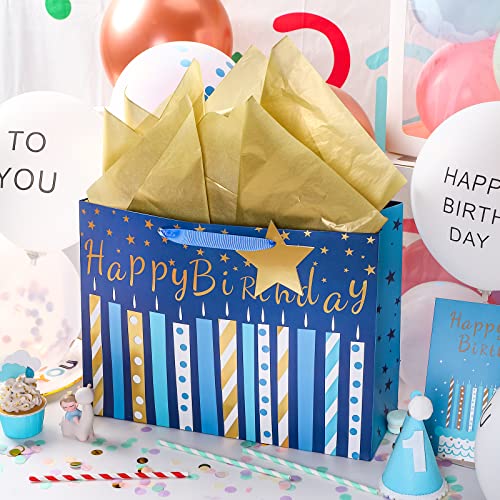 MAYPLUSS 16" Birthday Large Gift Bag with Greeting Card and Tissue Paper for Birhtday - Blue Gold Foil Candle Design