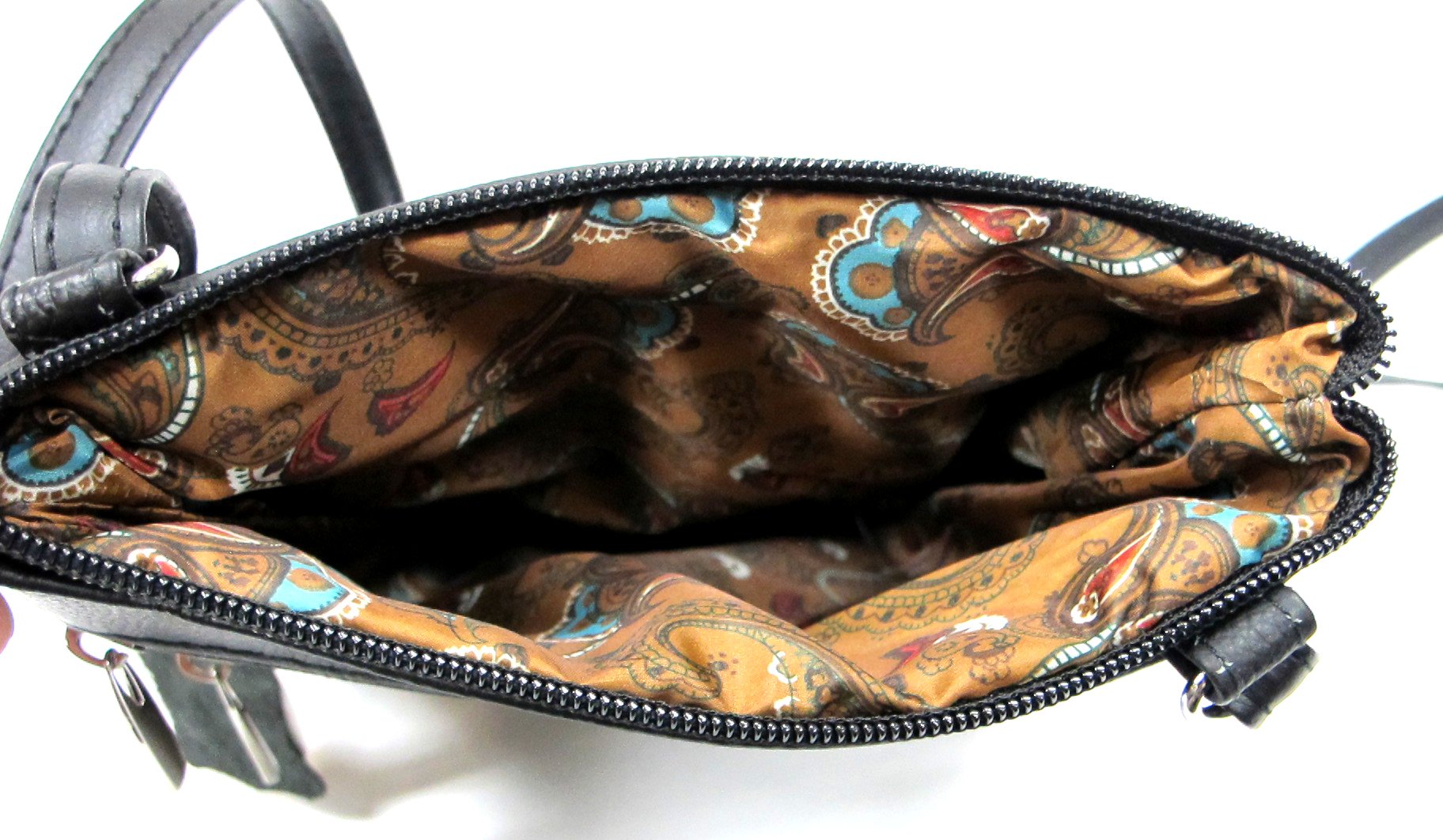 Lady's 5 Zipper Pocket 100% Leather Cross Body Slim Purse Paisley Lining- 5 Color (Black)