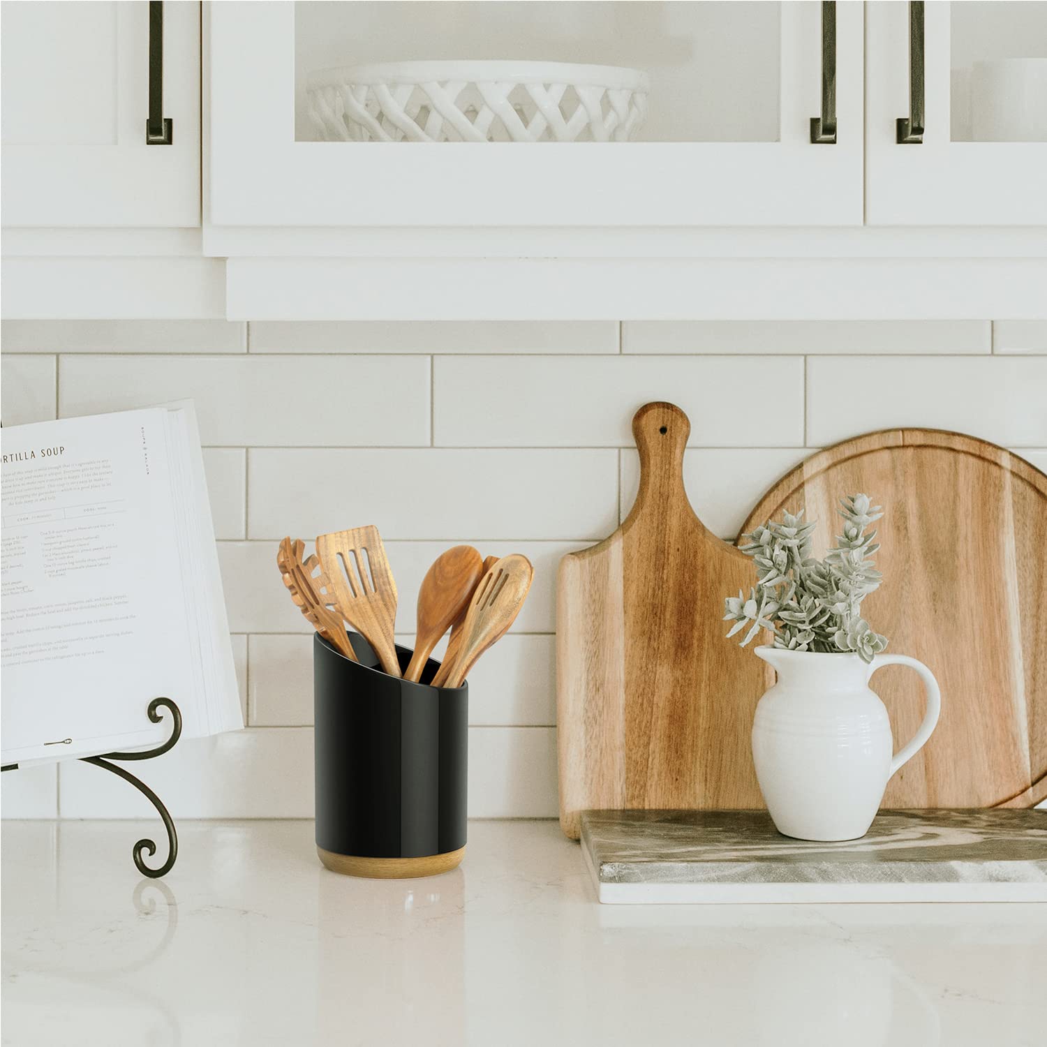KARRYOUNG Ceramic Utensil Holder for Kitchen Countertop β Cooking Utensil Caddy Organizer with Acacia Wooden Base,5.5 x 7.5 Inches,Black