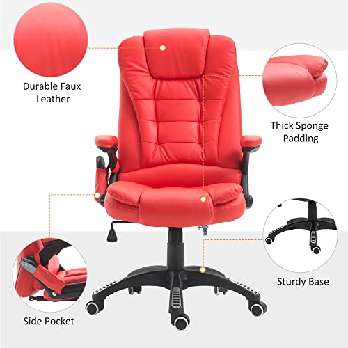 HOMCOM High Back Executive Massage Office Chair with 6 Point Vibration, 5 Modes, Faux Leather Heated Reclining Desk Chair, Bright Red