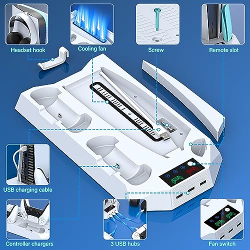 DBEPANK Stand and Cooling Station with Dual Controller Charging Station for PS5 Vertical Stand with Headset Holder for PS5 Accessories for Playstation 5 Console Cooling Fan Stand White