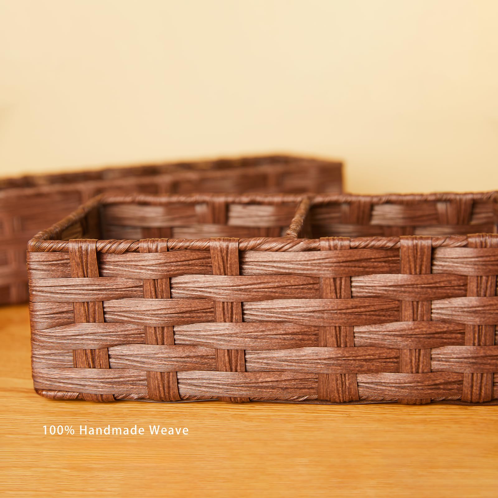 Buaihekefei Toilet Tank Topper Paper Basket ,Bathroom Organizers and Storage ,Waterproof Plastic Wicker Baskets for Organizing,Back of Toilet Basket with dividers,Brown, 2-Pack