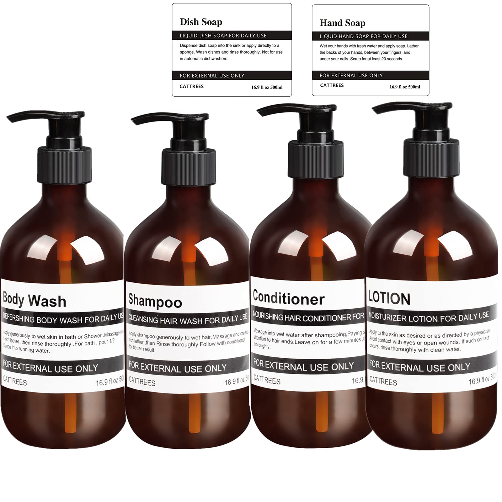 CATTREES 4 Pack Shampoo and Conditioner Bottles for Bathroom,16 oz Empty Amber Plastic Bottles with Pump & 6 Waterproof Labels for Hand,Lotion,Refillable Shampoo Conditioner and Shower Gel Dispenser.