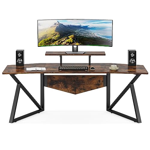 LITTLE TREE 70.9" Large Computer Desk Home Office Desk Wing-Shaped Gaming Studio Desk, Rustic Brown