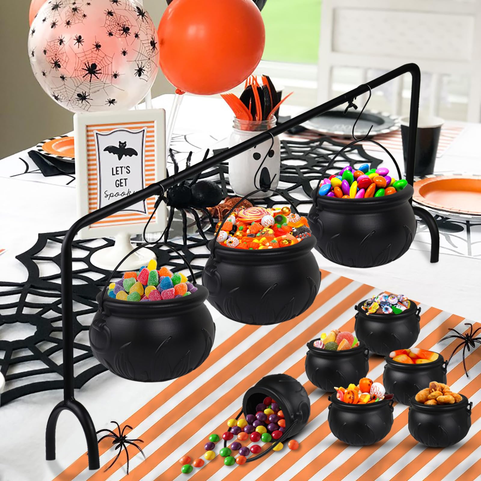 Cauldron Halloween Decor - 9 PCS Large and Mini Plastic Hanging Cauldrons Serving Set - Spooky Black Witches Cauldron Desserts Candy Serving Bowls for Table Home Indoor Hocus Pocus Party Decorations