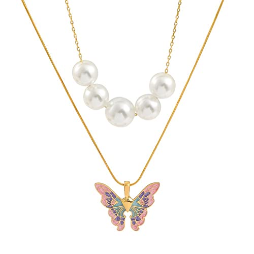 FOAUME 2 Pack Colorful Butterfly Pearl Necklaces Ladies Layered Necklaces Sweater Chains Barbie Princess Necklace(Gold)