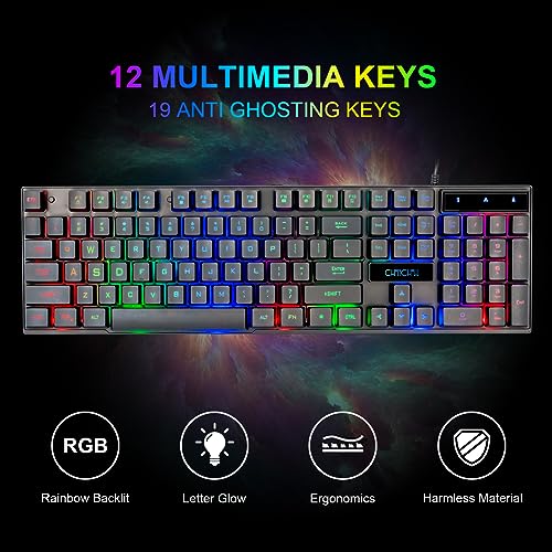 Gaming LED Keyboard Mouse Headset and Mousepad Bundle, CHONCHOW Wired Rainbow LED Light Up Gaming Keyboard Mouse Headset, Value 4 in 1 Gaming Set for Xbox PS4 PS5 PC Laptop Gamer