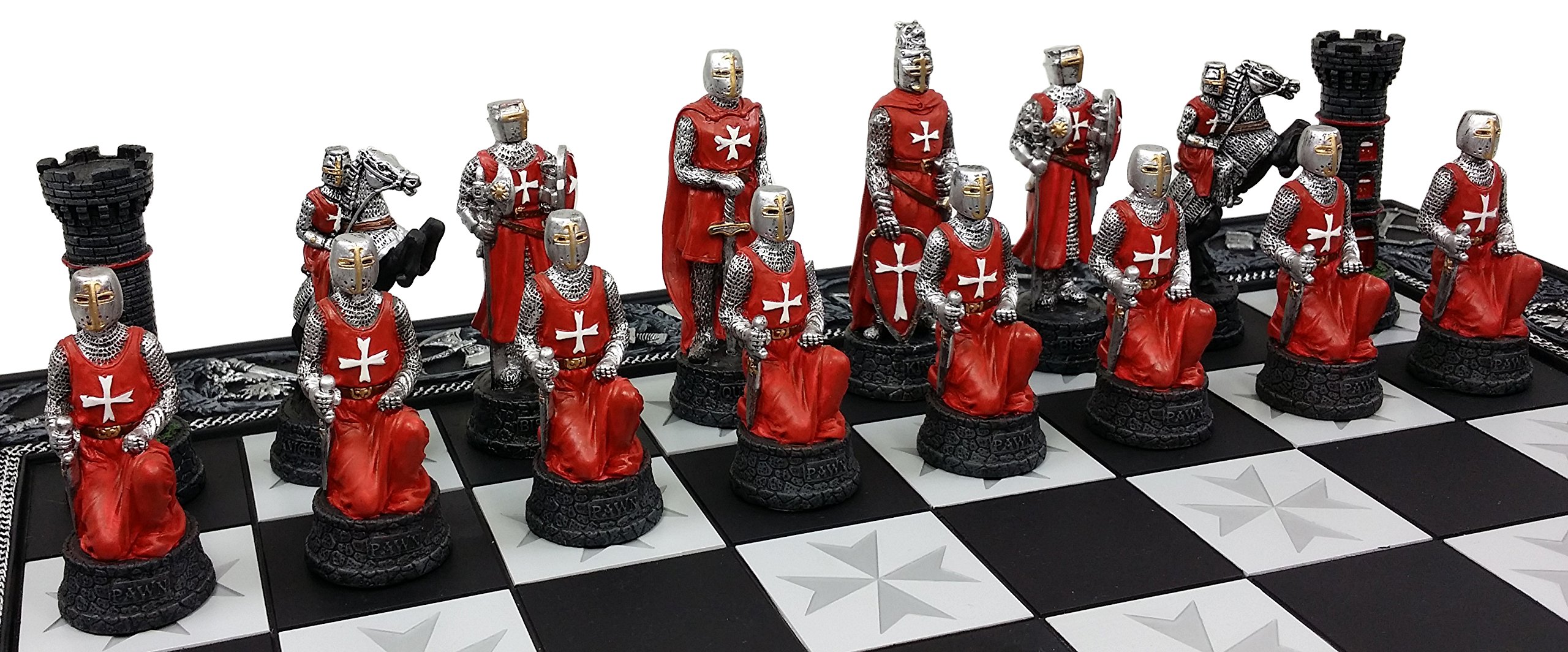 HPL Medieval Times Crusades Red and White Armored Maltese Knights Chess Set with 17" Board