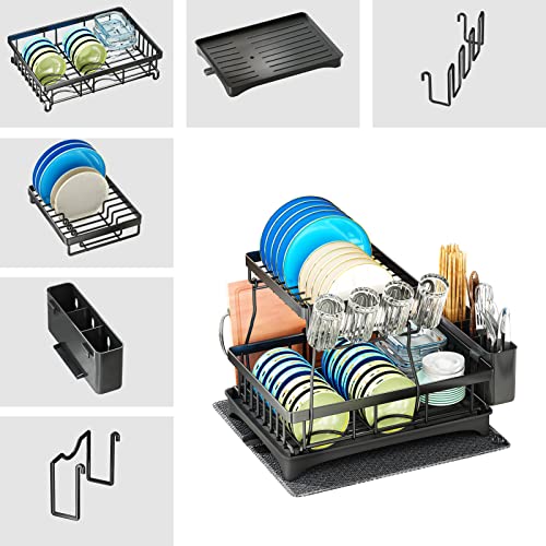 Dish Drying Rack, Detachable 2 Tier Dish Rack and Drainboard Set, Large Capacity Dish Drainer Organizer Shelf with Utensil Holder, Cup Rack, Extra Drying Mat for Kitchen Counter, Black