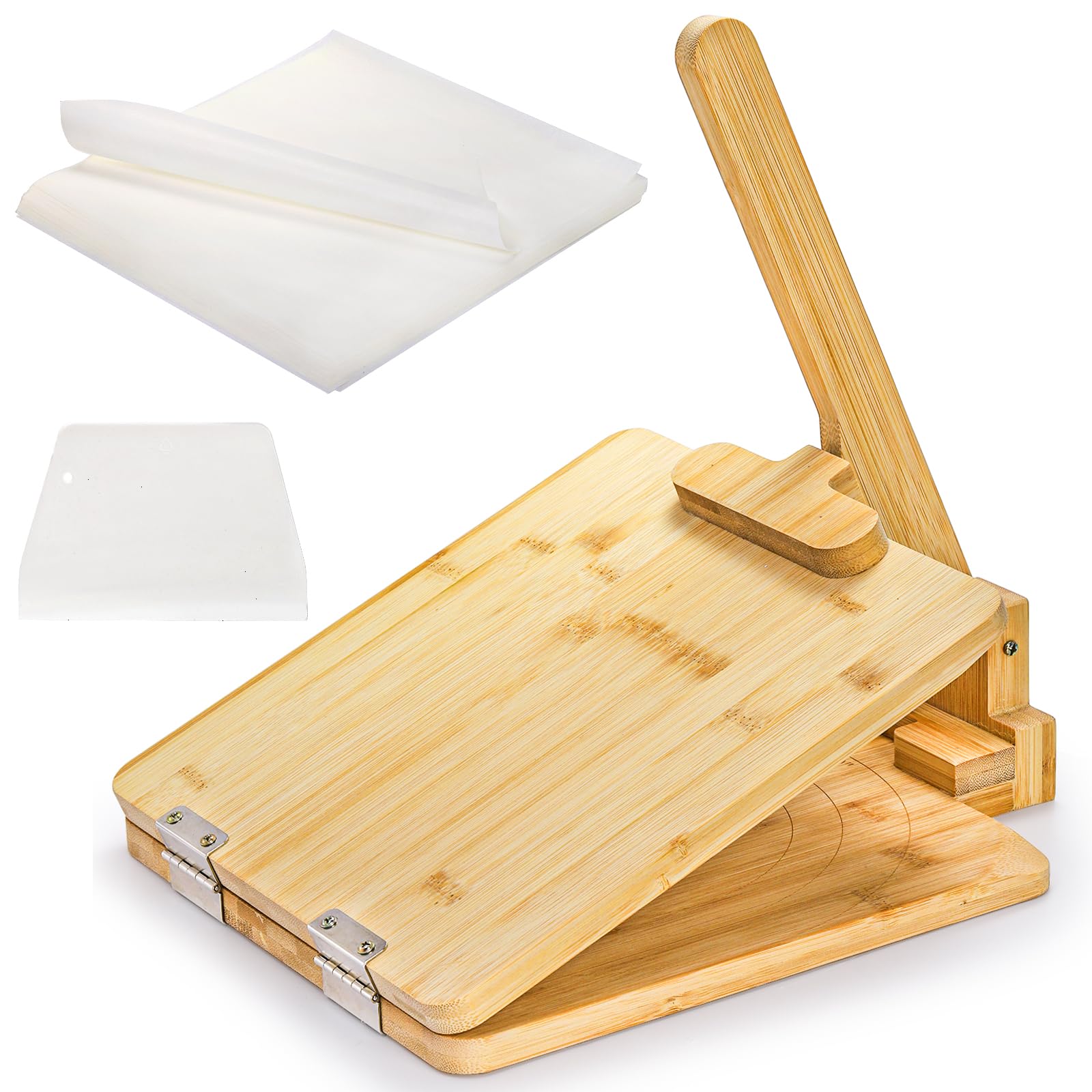 Coloch Bamboo Tortilla Press 10 Inch, Large Tortilla Maker with 60 PCS Parchment Paper and Dough Scraper, Square Mexican Tortilla Presser for Tortilla Making, Roti, Burritos, Taco