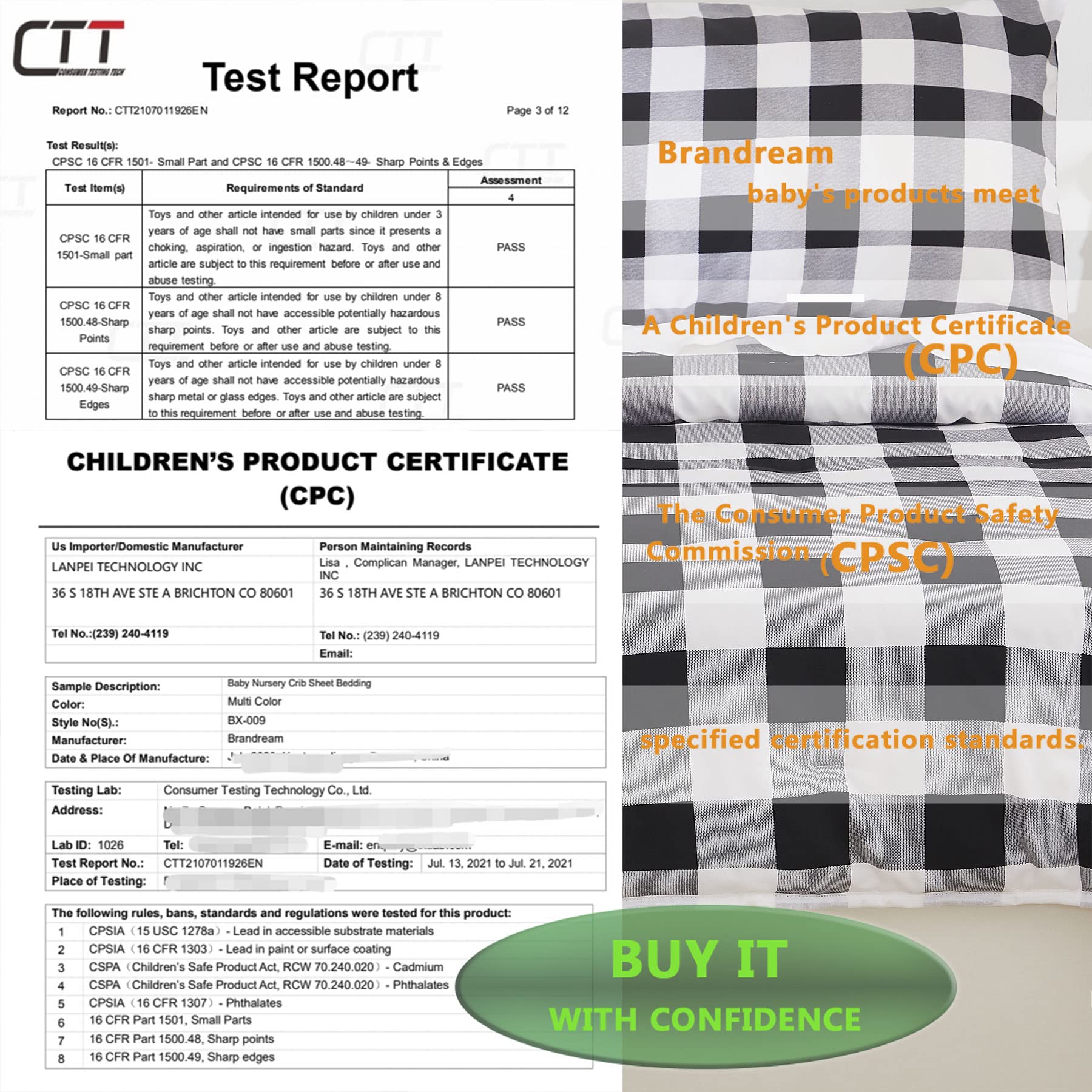 Brandrean Black and White Buffalo Check Toddler Bedding Sets for Boys or Girls, Plaid Bed-in-a-Bag Cotton Comforter Set, 4-Piece Includes Top Flat Sheet, Fitted Sheet, Comforter, Envelope Pillowcase