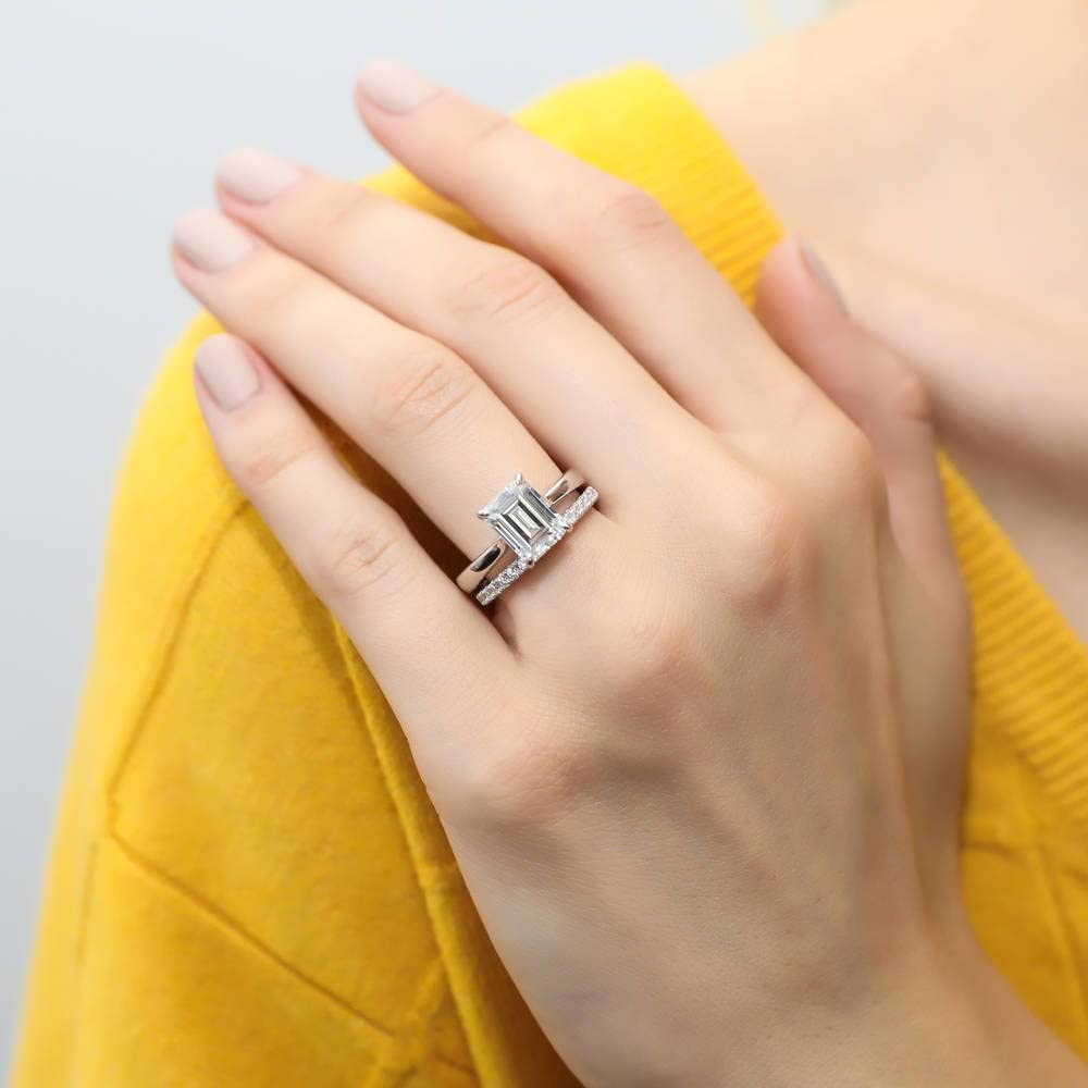 BERRICLE Sterling Silver Solitaire Wedding Engagement Rings 2.6 Carat Emerald Cut Cubic Zirconia CZ Ring Set for Women, Rhodium Plated Size 6