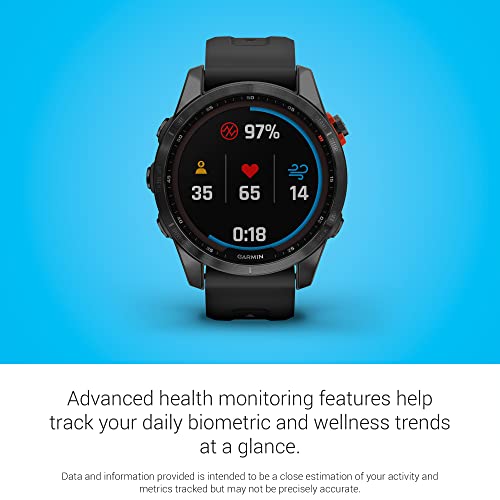 Garmin fenix 7S Solar, Smaller sized adventure smartwatch, with Solar Charging Capabilities, Rugged outdoor watch with GPS, touchscreen, health and wellness features, slate gray with black band