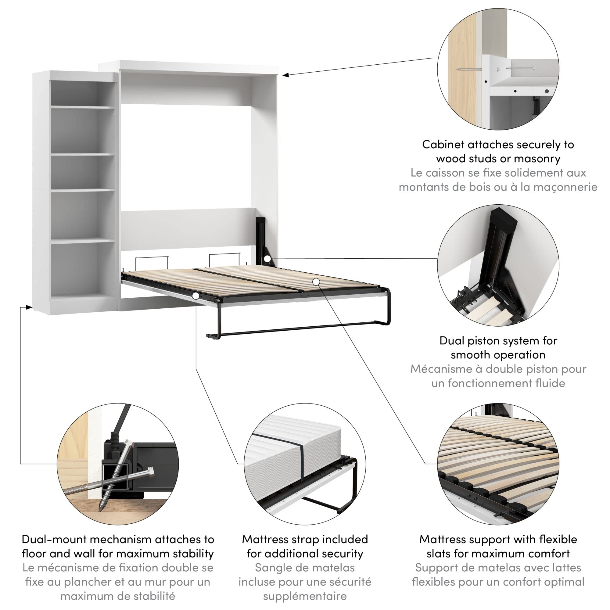 Bestar Pur Queen Murphy Bed with Shelving Unit, 90-inch Space-Saving Sleeping Arrangement for Multipurpose Area, Bedroom, Guest Room, or Living Room