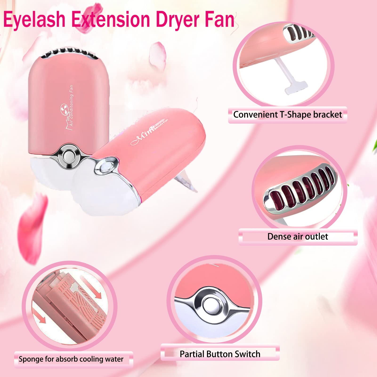 BUCICE 4 PCS Lash Fan Kit for Eyelash Extension,USB Portable Eyelash Fans Rechargeable Handheld Dryer Fan with Lash Shampoo Brushes,Plastic Wash Bottle