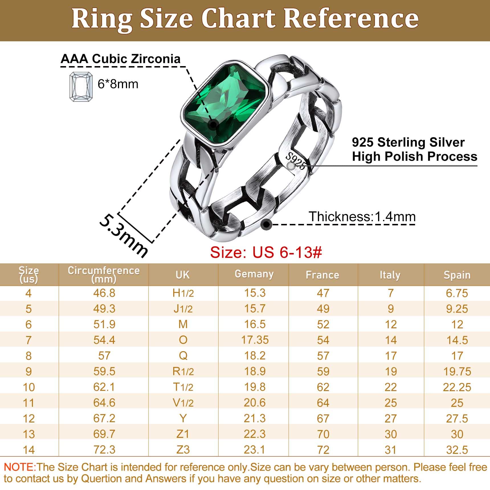 Bestyle Sterling Silver Emerald Ring Chunky Thick Cuban Link Chain Ring, Cubic Zirconia Promise Engagement Ring Couple Jewelry Gift for Girlfriend Wife, Size 10