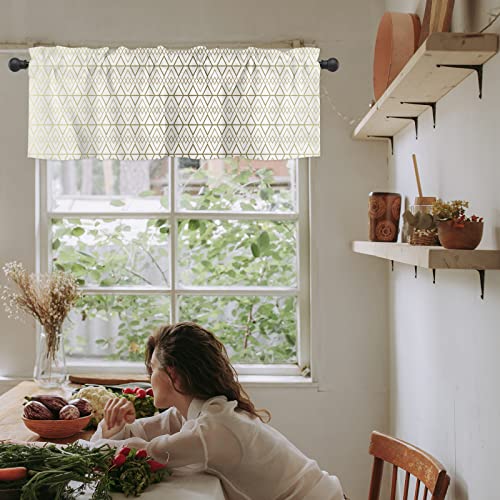 JasmineM Valances Curtains for Windows White Gold Line Rod Pocket Kitchen Valance Scarf for Living Room Geometric Short Window Treatment Drapes Curtain for Bedroom 42x12in