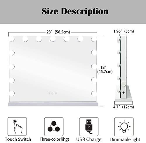 Filytop 22.8"x 18.1" Makeup Mirror with Lights,10X Large Hollywood Lighted Vanity Mirror with 15 Dimmable LED Bulbs,3 Color Modes,Touch Control,Tabletop or Wall-Mounted, White