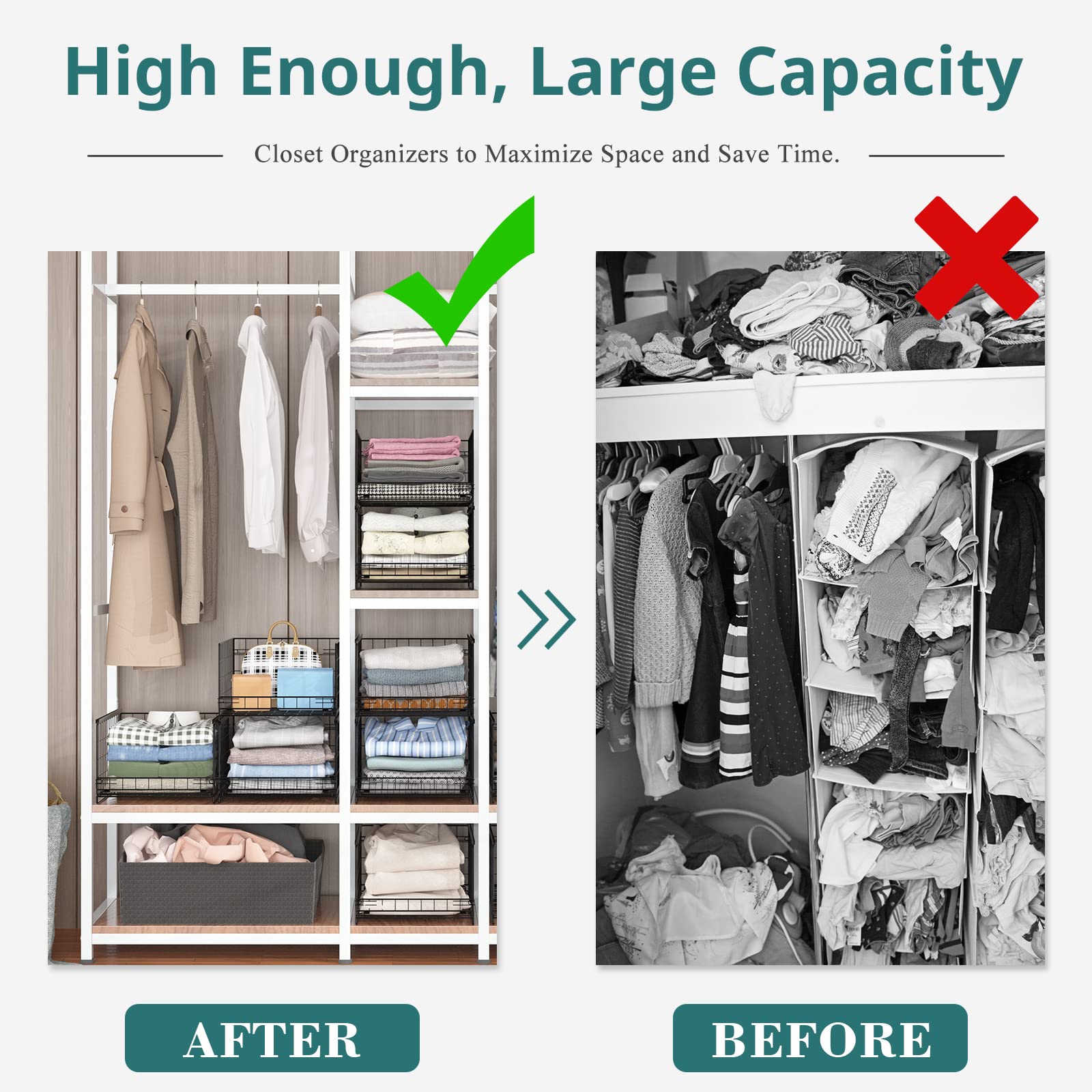 Hongtamoya 4-tier Sliding Closet Organizers and Drawer Storage Shelves, Stackable Storage Bins for Jean Pants Sweaters, Metal Drawer Slid Clothes Storage Container, Closet Organizers for Clothes-Black