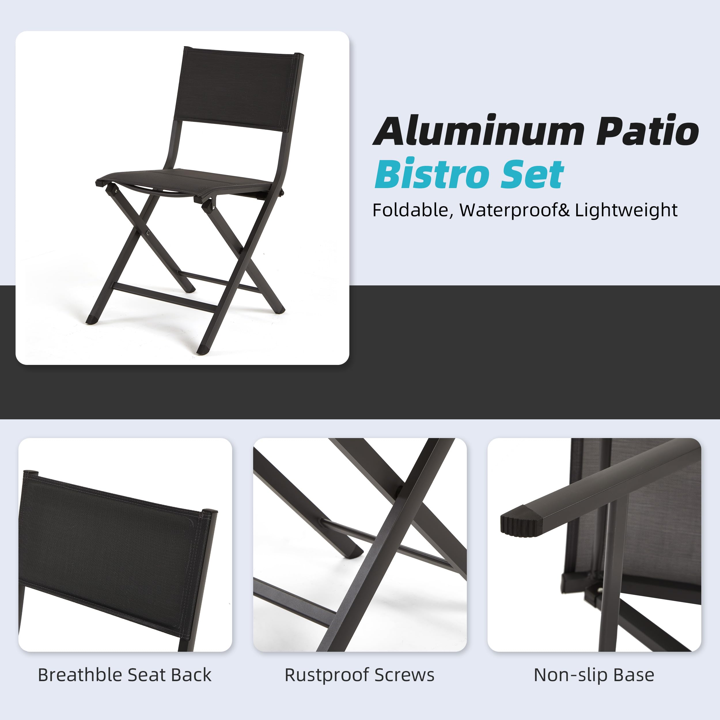 Eongdn 3 Pieces Patio Bistro Set, Padded Folding Aluminum Table and 2 Chairs, No Assembly Required, Weather-Resistant Outdoor Conversation Sets for Patio, Backyard