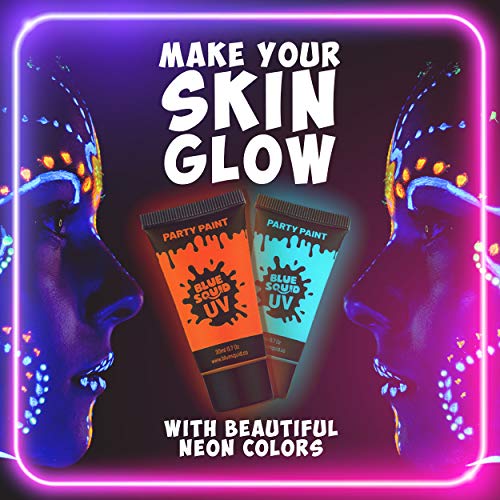 UV Face & Body Paint Set - Blue Squid, 8 Liquid UV Body Paints (8 Large 0.68 fl oz) +FREE BONUS Mini Ultraviolet Flashlight - Glow in The Dark Neon Face & Body Paint - Black Light Reactive Neon Paints
