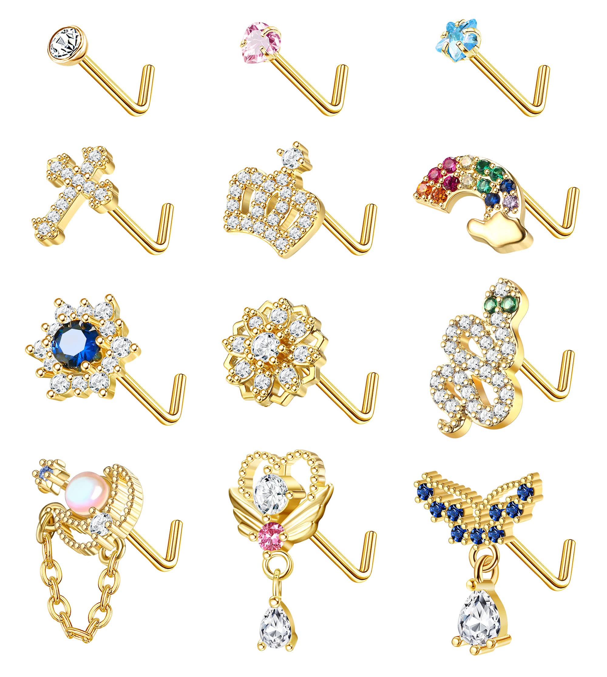 Besteel 12PCS Nose Ring Studs for Women 20G Stainless Steel L Shaped Nose Rings CZ Nose Studs Assorted Nose Piercing Jewelry Gold-tone
