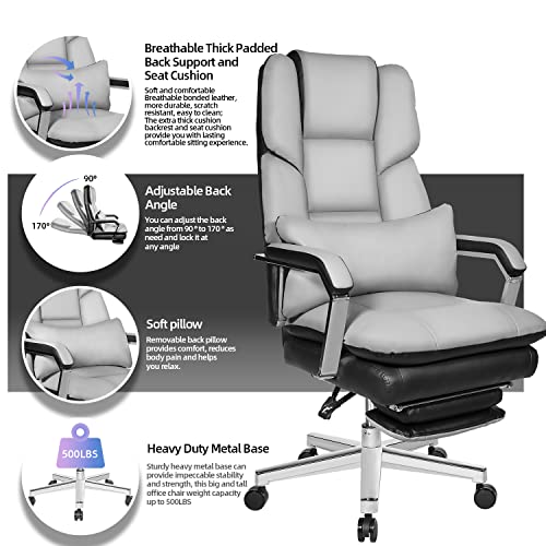 SeekFancy Reclining Office Chair with Footrest, Big and Tall Office Chair 500lbs Wide Seat with 170°Backrest, High Back Leather Managerial Chair Lumbar Support,Grey Executive Office Chair Set of 8