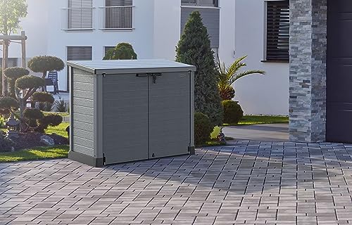 Duramax Cedargrain StoreAway 1200L Plastic Garden Storage Shed/Flat Lid - Outdoor Storage Bike Shed – Durable & Strong Construction– Ideal for Tools, Bikes, BBQs & 2X 240L Bins, 145x85x125 cm, Grey