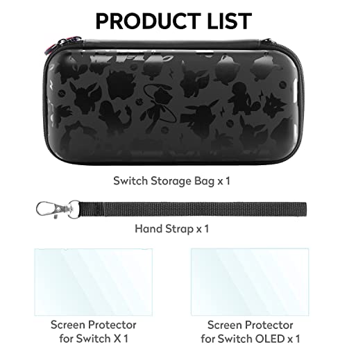 Bheddi Switch Carrying Case fits Switch/Switch OLED - Hard Shell Protective Portable Travel Carry Case with 10 Game Card Slots and 2 Tempered Glass Screen Protectors (Black-Dex)